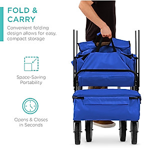 Best Choice Products Collapsible Folding Outdoor Utility Wagon with Canopy Garden Cart for Beach, Picnic, Camping, Tailgates w/Removable Canopy, Detachable Pockets, 150lb Weight Capacity - Blue