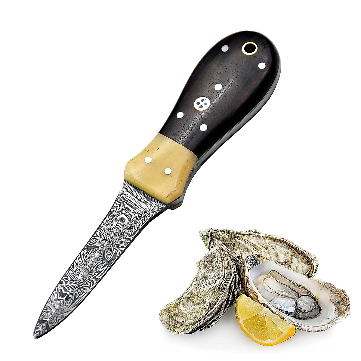 Oyster Shucker Knife Oyster Knife Damascus Steel Camel Bone & Walnut Handle Leather Sheath Seafood Opener Kit Tool Non Slip Handle (Walnut Handle)