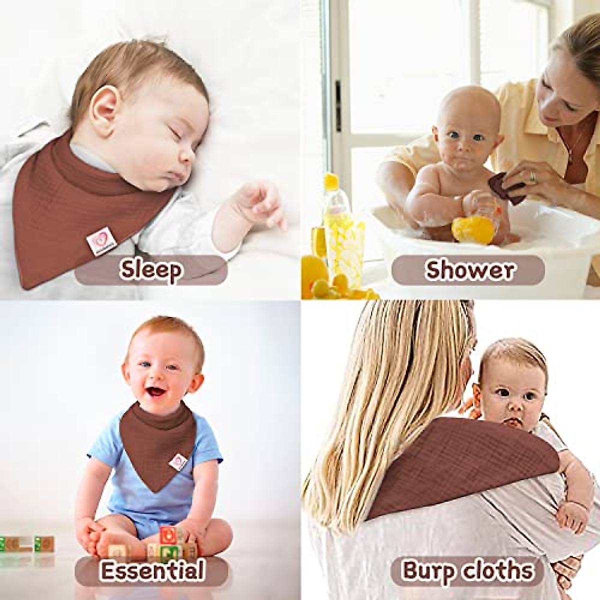 Bearmoss Muslin Baby Drooling Bibs 8 Pack, 100% Cotton Triangular Bandana Bibs Gift for Baby Girls Boys Teething Drooling (Coconut Mocha)