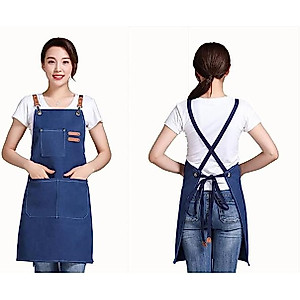 Cotton Canvas Apron Cross Back Apron with Pockets for Women and Men,Kitchen Cooking Baking Bib Apron Chef Apron (Blue)