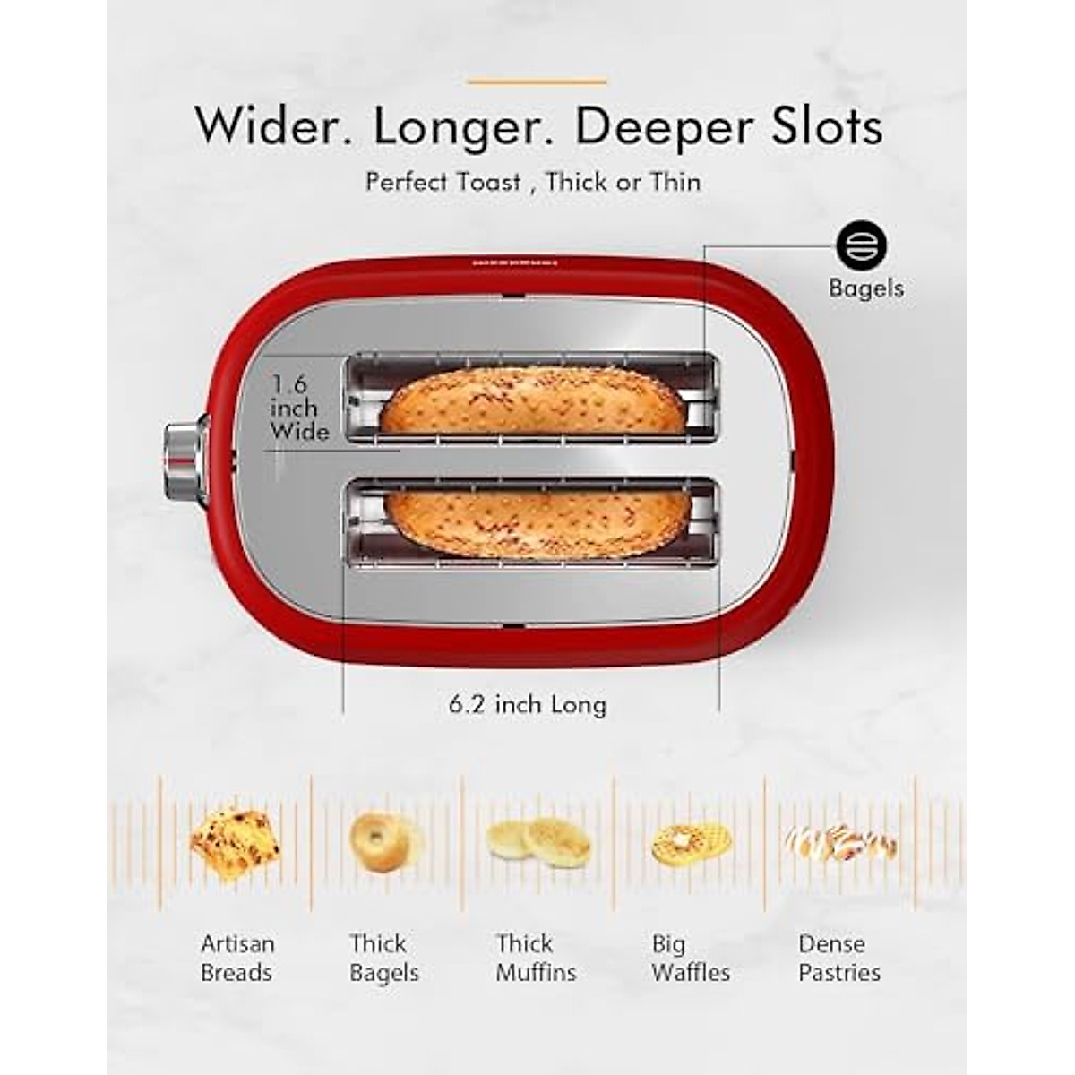 2 Slice Toaster with Extra Wide Slots & Removable Crumb Tray - 6 Browning Options, Auto Shut Off & Frozen Function, Toast Fruit Bread, Bagel & Waffle, Red