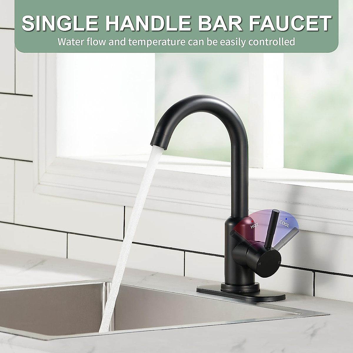 Black Bathroom Faucet, Single Handle Bathroom Sink Faucet Wet Bar Pre-Kitchen RV Small Vanity Faucet with Deck Plate, Supply Hoses and Drain Stopper Psygee