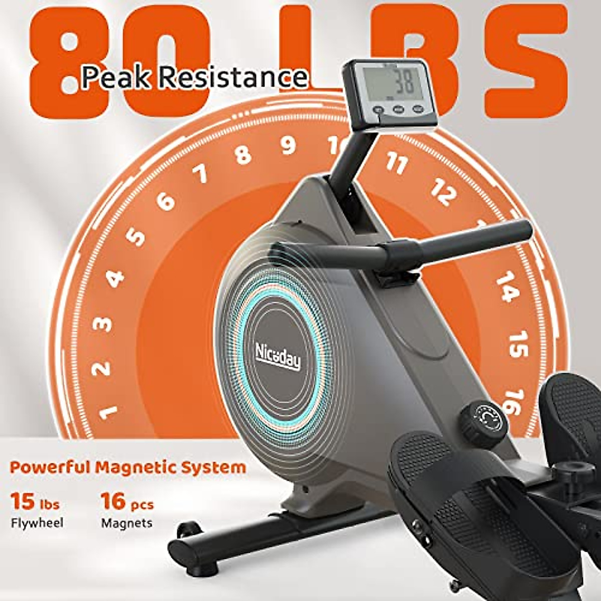 Niceday Rowing Machine for Home Use, Hyper-Quiet Magnetic Rower with 16 Resistance Levels & 350LBS Loading Capacity