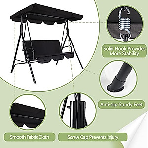 Funny Sunny 3 Seat Porch Swing Chair with Canopy - Outdoor Patio Swings with Adjustable Canopy and Removable Cushion, Durable Steel Frame Swing Best for Patio, Garden, Yard, Black