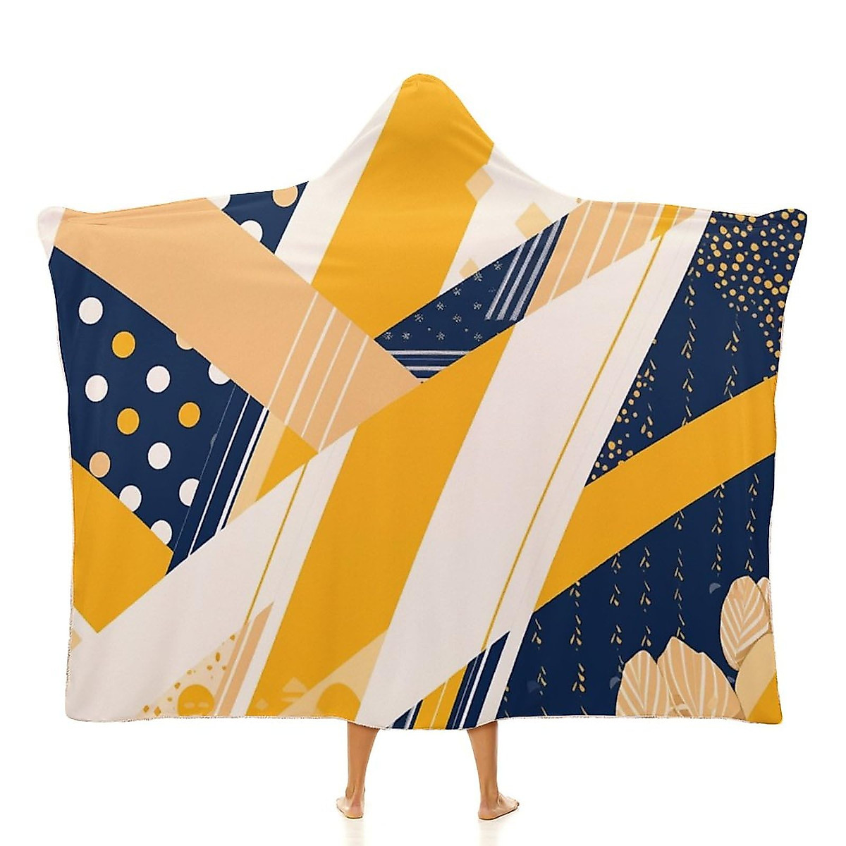 Elegant Navy Blue Mustard Yellow White Stripes Geomestry Hooded Blanket Spring Summer Flower Elegant Line Plush Warm Fluffy Blanket for Adult And Kids Comfortable Throw Blankets for Couch Bed 60"x80"