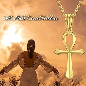WSX Solid 14k Yellow Gold Egyptian Ankh Cross Pendant Necklace for Women Polished Egypt Jewelry Religious Charm Gift for Her