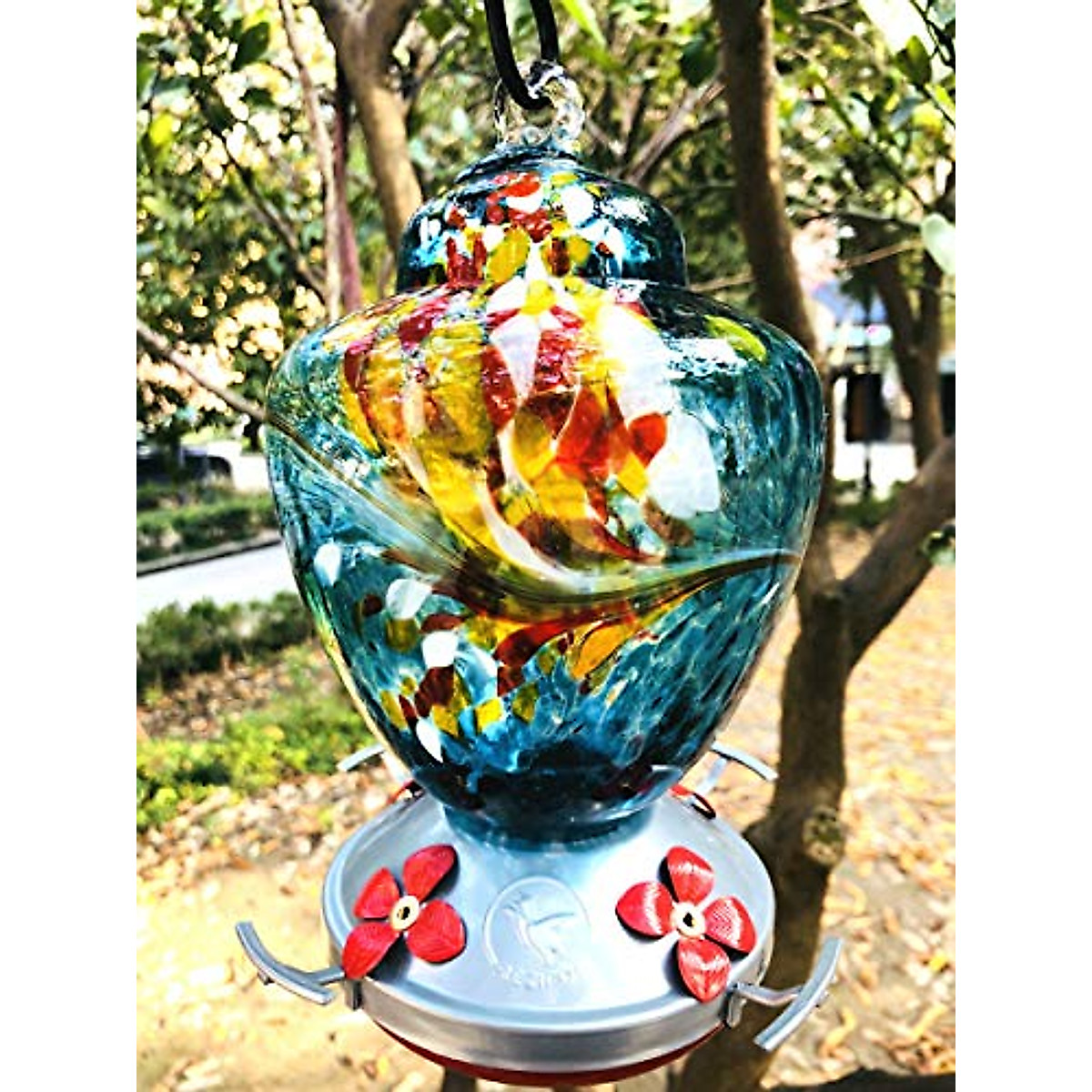REZIPO Hummingbird Feeder with Perch - Hand Blown Glass - Blue - 38 Fluid Ounces Hummingbird Nectar Capacity Include Hanging Wires and Moat Hook