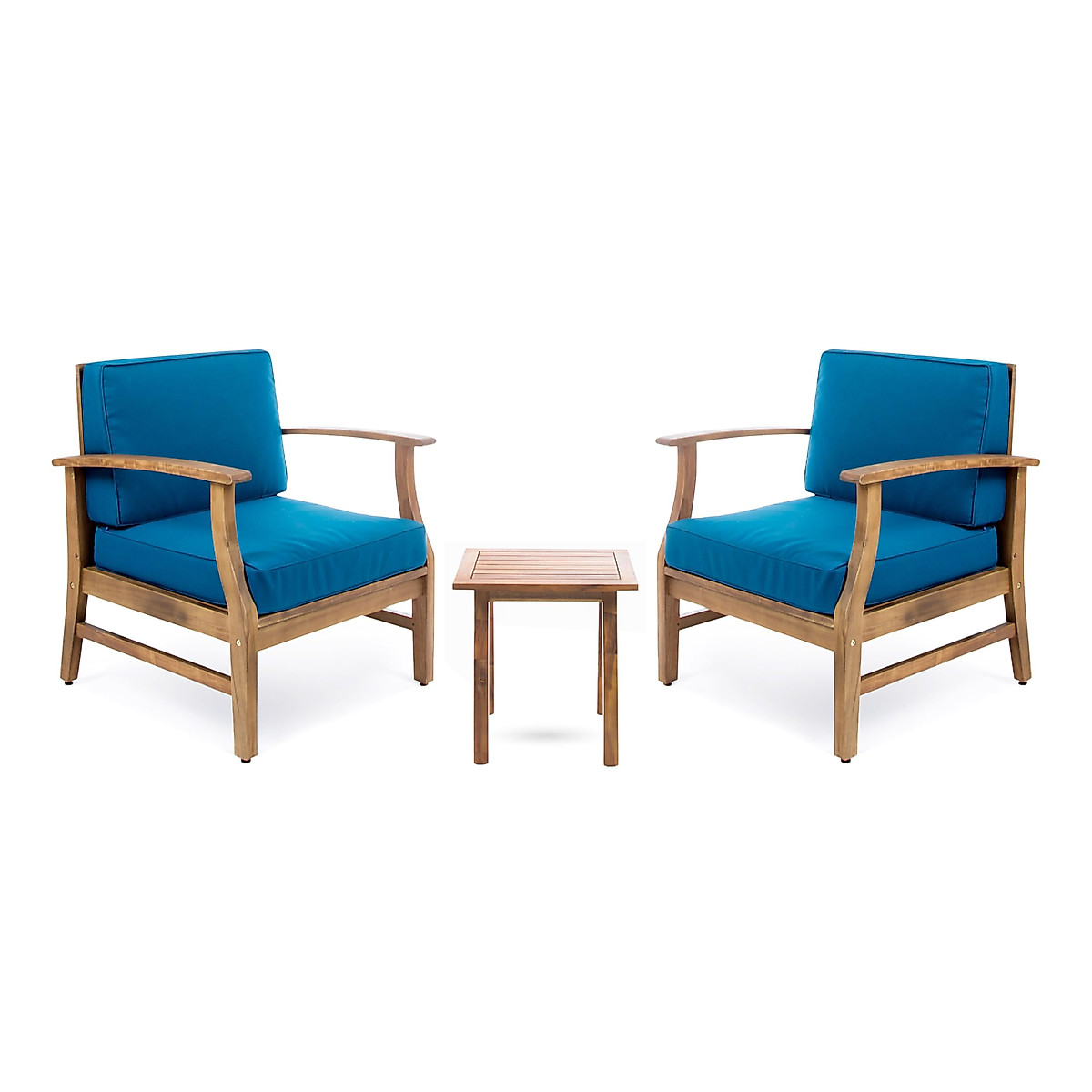 Christopher Knight Home Perla Outdoor 2 Seater Acacia Wood Bistro Set with Cushions, 28.25 "W x 28 "D x 32.75 "H, Teak + Blue