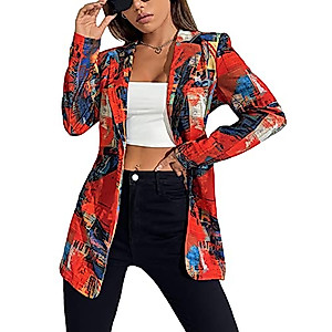 WDIRARA Women's Letter Graphic Print Button Front Blazer Long Sleeve Casual Jacket Multicolor XS