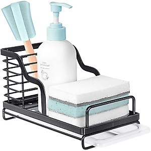 Nieifi Sink Caddy Organizer Sponge Soap Brush Holder with Drain Pan Stainless Steel for Kitchen Black