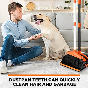 Tioncy Heavy Duty Broom and Dustpan Set 2 Plus 1 Set with Comb Commercial Windproof Stand up Broom Outdoor Indoor for Courtyard Garage Lobby Mall Market Floor Kitchen Home Office Pet Hair Rubbish