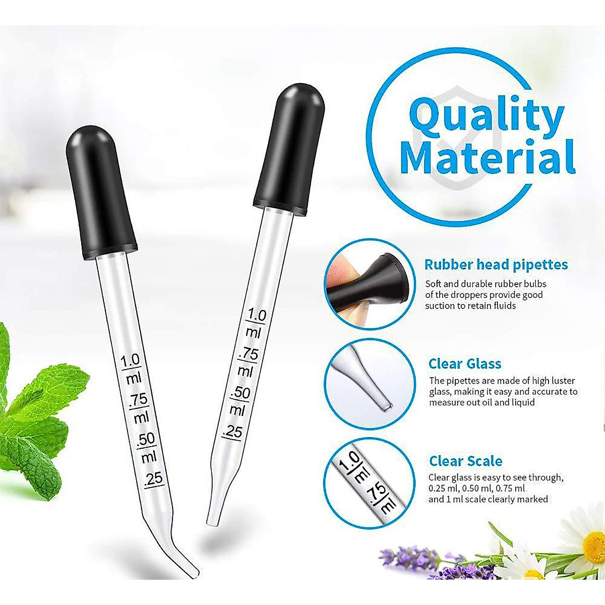 Eye Dropper for Essential Oils, Pipettes Dropper with Black Rubber Head, Calibrated Thick Glass Medicine Dropping Pipettes, 1ml Dropper Measurer, Dropper for Liquids, Straight-Tip, Bent-Tip, 5 Packs