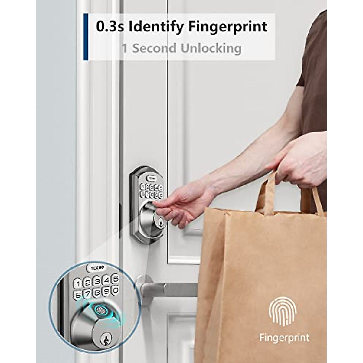 Fingerprint Door Lock - TEEHO TE002 Keyless Entry Door Lock with Keypad - Electronic Deadbolt Keyed Entry - Front Door Lock Sets - Combination Door Lock - Easy Installation - Satin Nickel