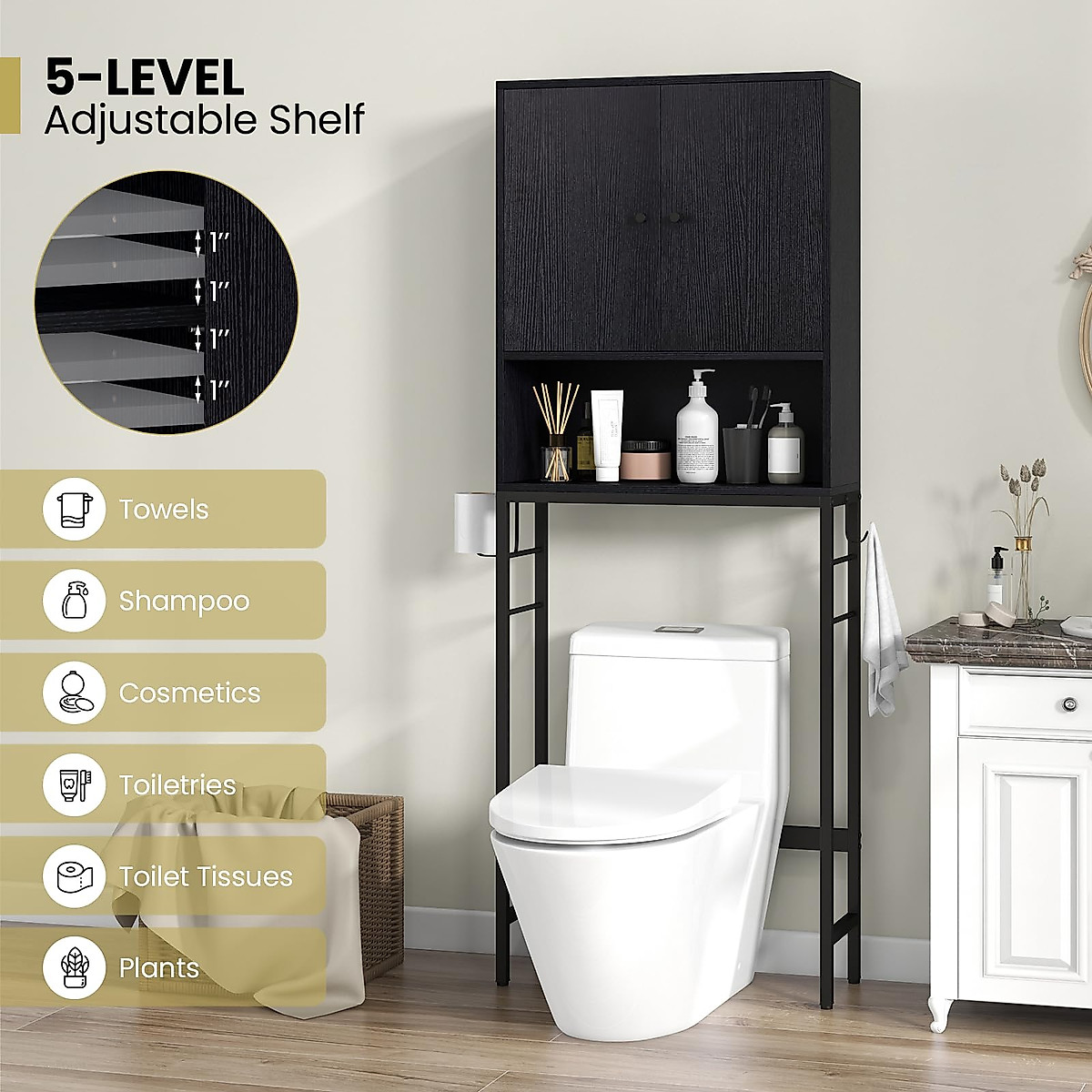 Giantex Over The Toilet Storage Cabinet - Toilet Shelf Rack with Anti-Tip Device, Open Compartment, Adjustable Shelf & Bottom Bar, Bathroom Space Saver, Over Toilet Bathroom Organizer (Black)