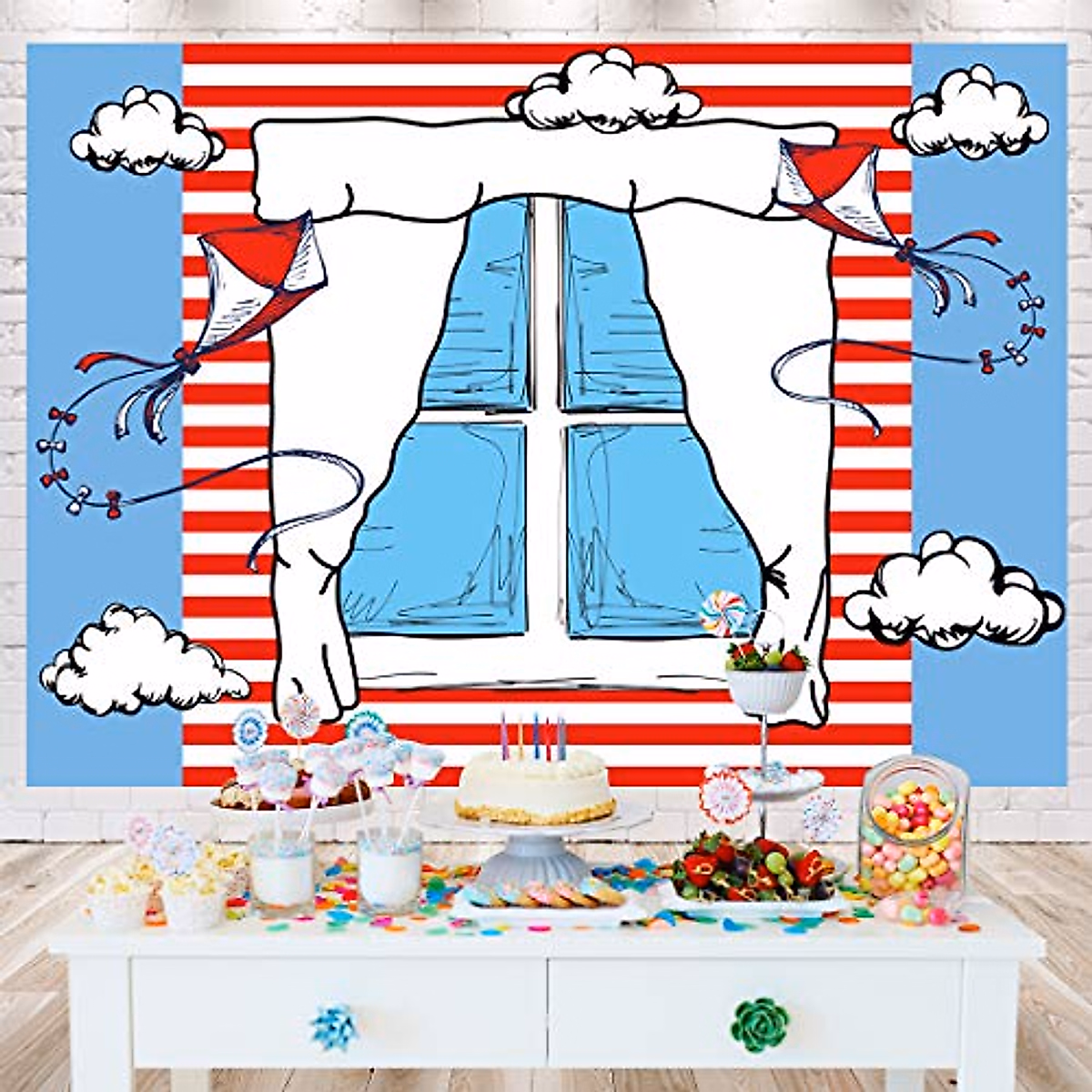 Ticuenicoa 7x5ft Cartoon Window Backdrops for Photography Kids Birthday Party Background Blue Red Kite Striped Kids Baby Shower Party Backdrop Boys Girls 1st Birthday Decorations Cake Table Banner