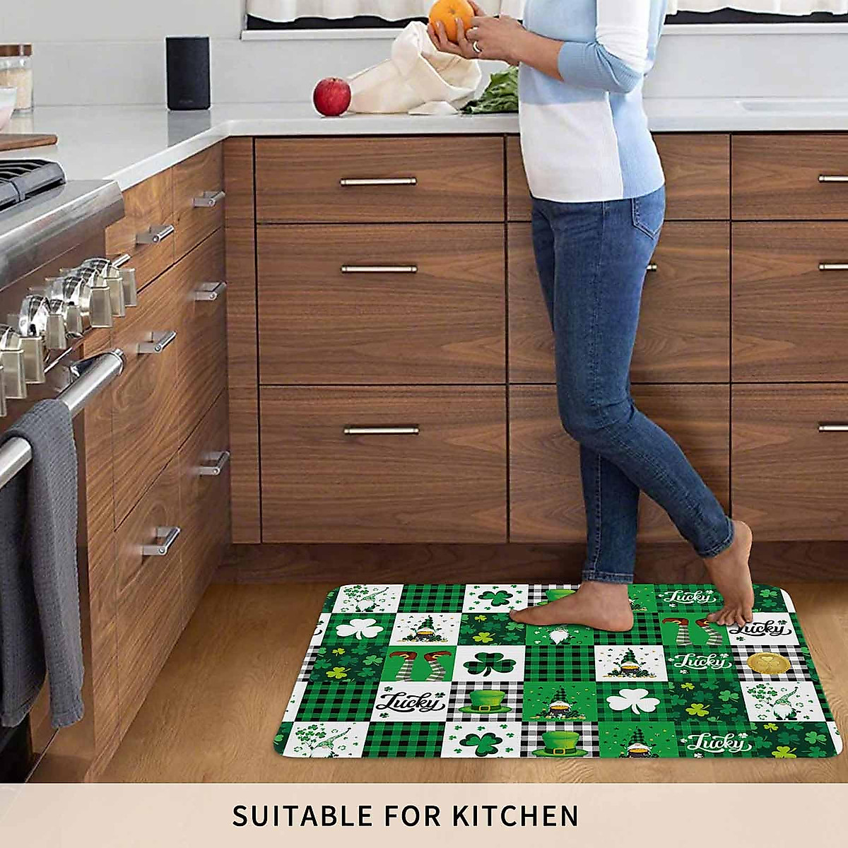 St Patrick's Day Doormat Rugs Outdoor/Indoor Lucky Shamrock Clover Gnomes Non-Slip Entrance Welcome Mat for Front Door/Kitchen/Bath/Bedroom/Patio/Entryway,16"x24", Green Buffalo Gingham Plaid