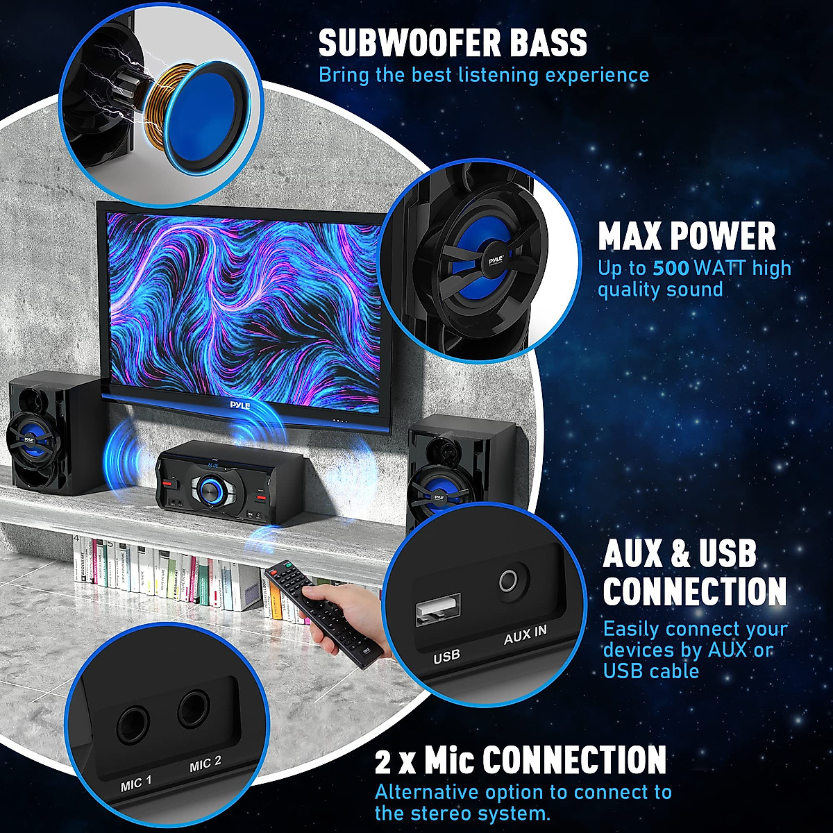 PyleUsa Wireless Bluetooth Stereo Boombox Radio Shelf Mini System - 500 Watt Max Power, Sleek Design for Home with MP3, USB, FM, Aux/2 mic Inputs, EQ, and Remote Control - PHSKR12