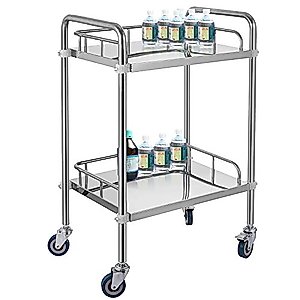 VEVOR 2-Shelf lab cart with Wheels Stainless Steel Rolling cart Lab Cart Utility Cart with high-Polish Stainless Steel 2 Lockable Wheels for Fixing