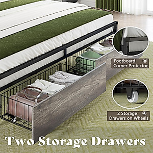 AMERLIFE LED Bed Frame with Drawers, Queen Platform Bed Frame with 2-Tier Storage & Leather Upholstered & Charging Station Headboard, Easy Assembly, No Box Spring Needed, Noise Free, Rustic Grey