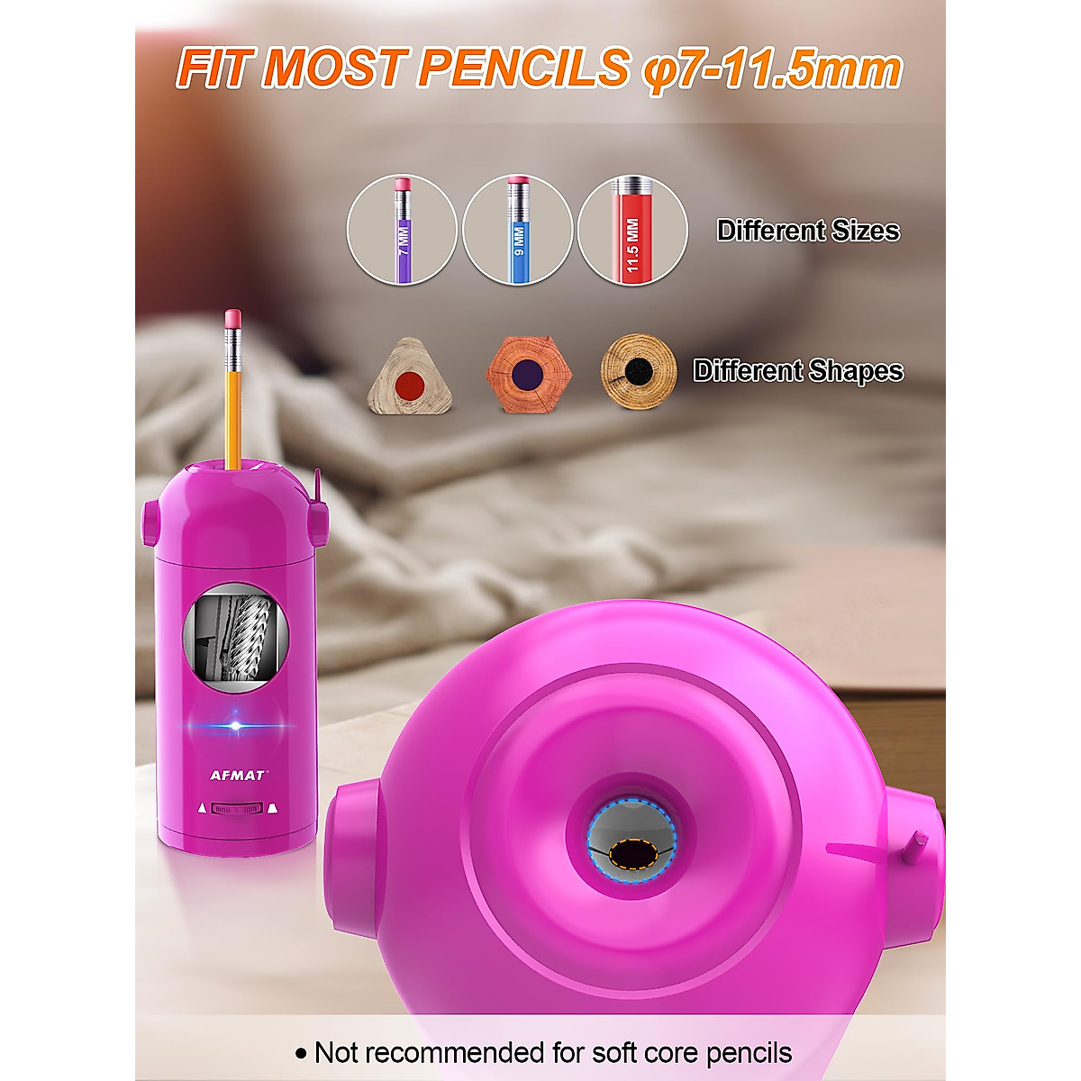 AFMAT Electric Pencil Sharpener for Colored Pencils, Fully Automatic Robot Pencil Sharpener, Auto in & Out, Rechargeable Hands-Free Pencil Sharpener for 7-11.5mm Jumbo Pencils, Home, Classroom