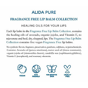 ALIDA PURE Fragrance Free Lip Balm, Vegan Lip Balm Set, Unscented, No Flavor, Beeswax Free, Organic Jojoba Oil, Avocado Oil, Vitamin E, Natural Moisturizer for Dry, Chapped, or Cracked Lips 5 Tube Set