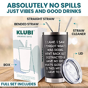 KLUBI Birthday Gifts for Women - I Came I Saw I Forgot Tumbler 20oz Black Birthday Gifts for Men Grandpa Gifts for Him Drinking Cups for Elderly Senior Citizen Tumbler I Came I Saw I Forgot Coffee Mug