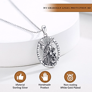 Brisskaari Guardian Angel Necklace 925 Sterling Silver Guardian Angel Medal Guardian Angel Protect Me Pendant Angel Necklace Protection Catholic Jewelry for Women Men