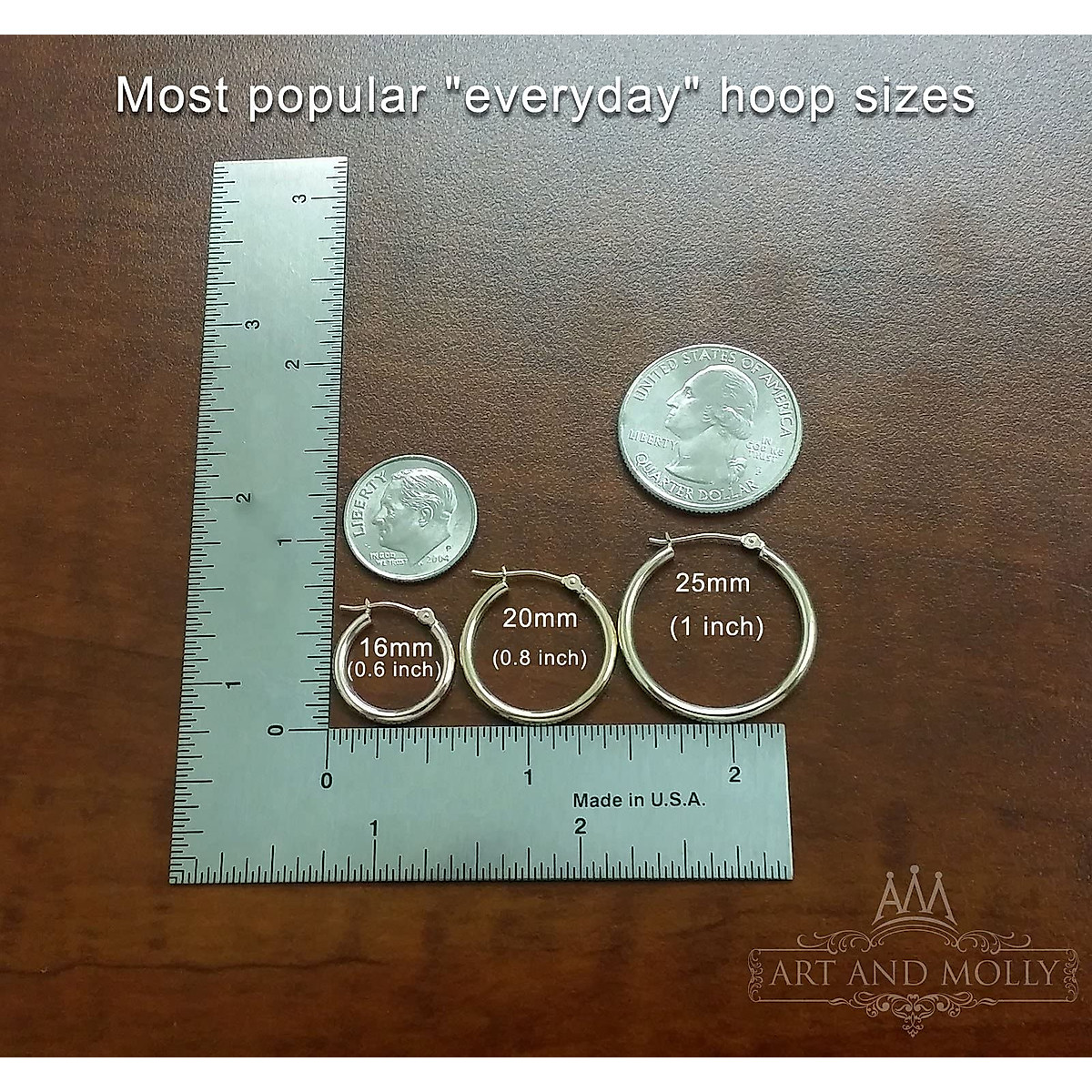 14k White Gold Polished Real Gold Hoop Earrings, Plain Round White Gold Hoop Earrings for Women, 14kt Real Gold 16mm (0.63 inch)