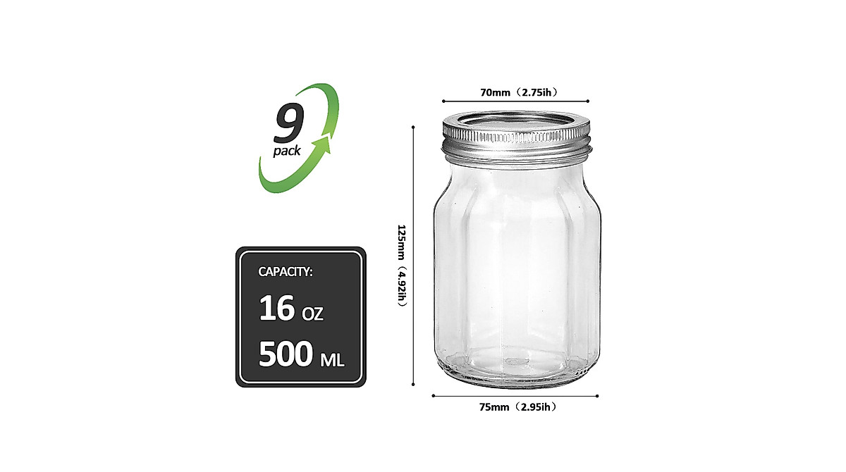KAMOTA 16 oz Octagonal Mason Jars - Perfect for DIY