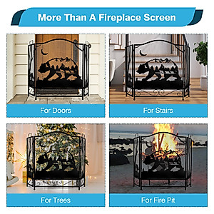 IRONWALLS 3-Panel Folding Fireplace Screens Decorative, 47.6” x 31.4” Metal Bear Fireplace Screens Fire Screen Gate Fence Spark Guard Kid Proof, Heavy Duty Fireplace Screen Black for Home Farmhouse