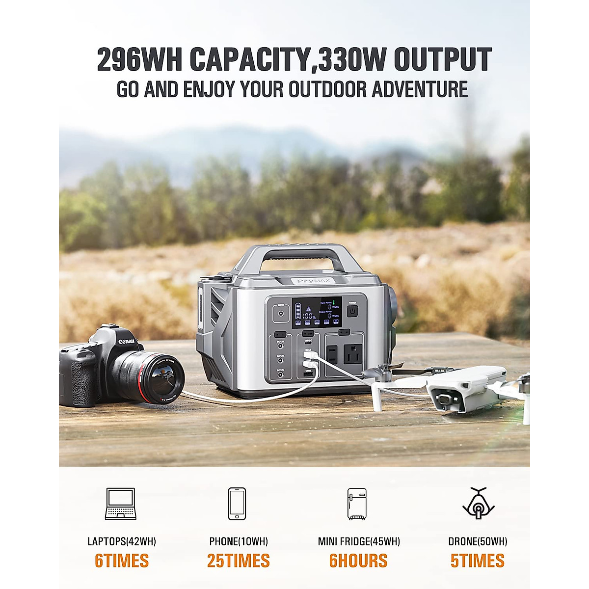 PryMAX Steelite Power Station (Peak 600W)296Wh Portable Solar Generator Outdoor Backup Lithium Battery Mobile Power Station with 330W AC Outlet Camping RV Travel Emergency CPAP