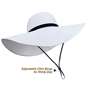 Naivlizer Women Wide Brim Sun Hat UPF50 Straw Summer Hat Floppy Beach Hat Roll-Up,Tie White