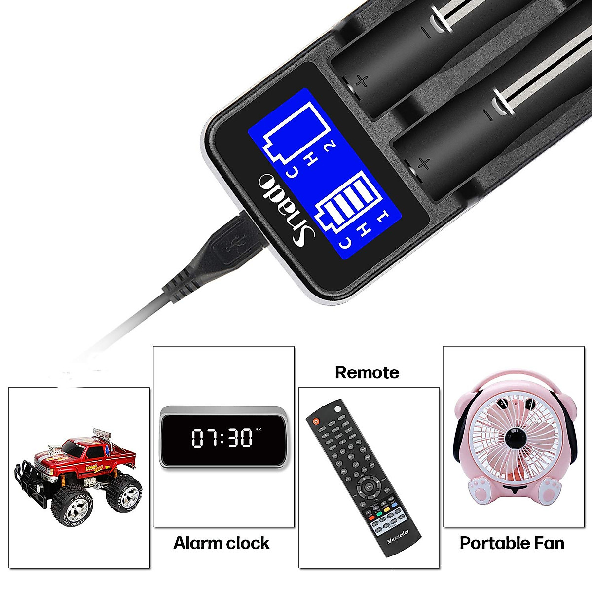 Intelligent Charger, Snado LCD Display Universal Smart Charger for Rechargeable Batteries Li-ion Batteries 18650 18490 18350 17670 17500 16340 14500, Ni-MH/Ni-Cd A AA AAA Battery (2 Slots)