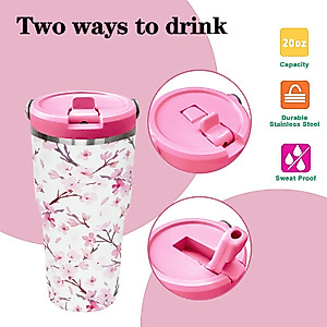 Hachishun 20 oz Cherry Blossom Tumbler with Handle Tumblers with Flip Straw and Top Handle Stainless Steel Coffee Mug Cherry Blossom Cup