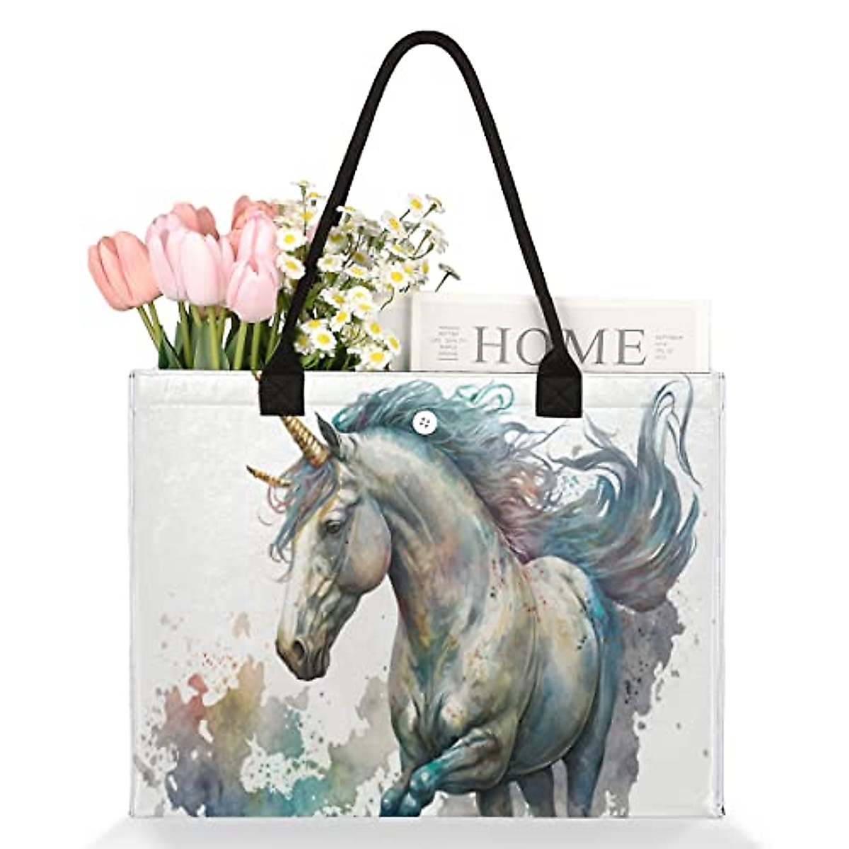 cfpolar Unicorn Reusable Grocery Shopping Bag with Hard Bottom, RRQRQR Large Foldable Multipurpose Heavy Duty Tote with Zipper Pockets, Sustainable, Durable and Eco Friendly, Beach Bag