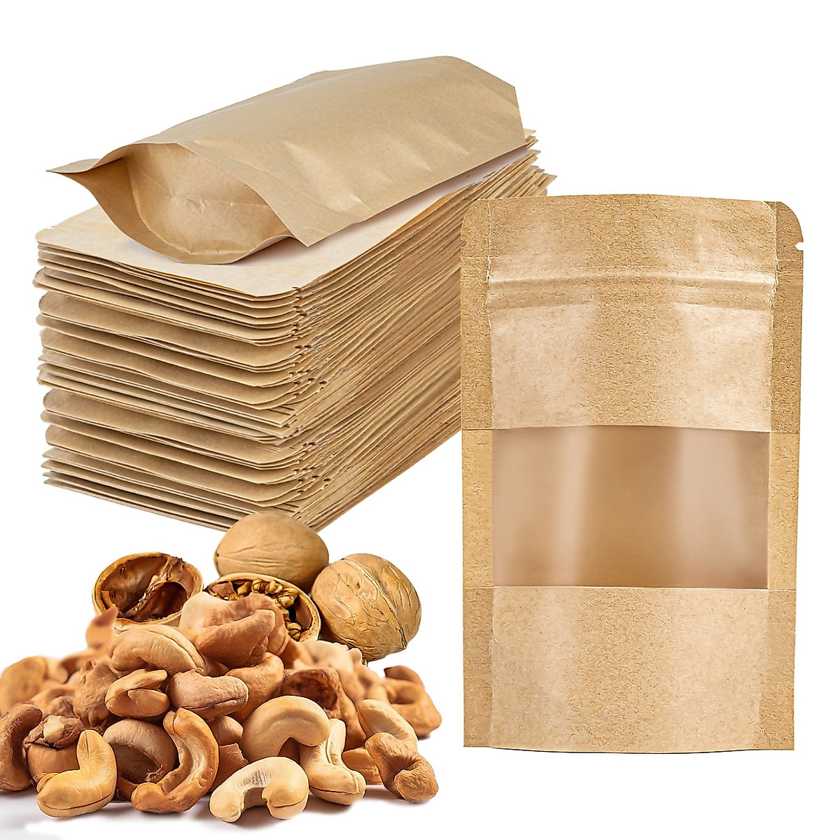 MAQIHAN 50 Stand Up Pouches Bags - 3.5"×5.5" Resealable Ziplock Kraft Paper Bags Window Food Packaging Homemade Bagel Bread Cookie Candy Tea Herb Spice Coffee Jerky Dog Treat Bags Small Business