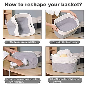 AROPEME Cotton Rope Basket | 15"x10"x9" Rectangle Woven Storage Basket for Toys Books Towels Shelves | Coiled Decorative Basket with Handle for Living Room Bathroom | Baby Nursery Bin, Grey