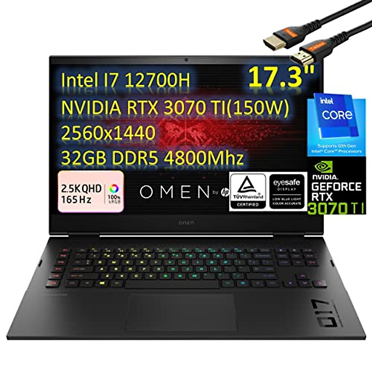 HP High Performance OMEN 17.3" Gaming Laptop - 12th Gen Intel Core i7-12700H - Full Power GeForce RTX 3070 Ti(150W) - QHD(2560 x 1440) 100% Srgb-165Hz - Tb4 - w/HDMI (32GB DDR5 | 2TB PCIe SSD)