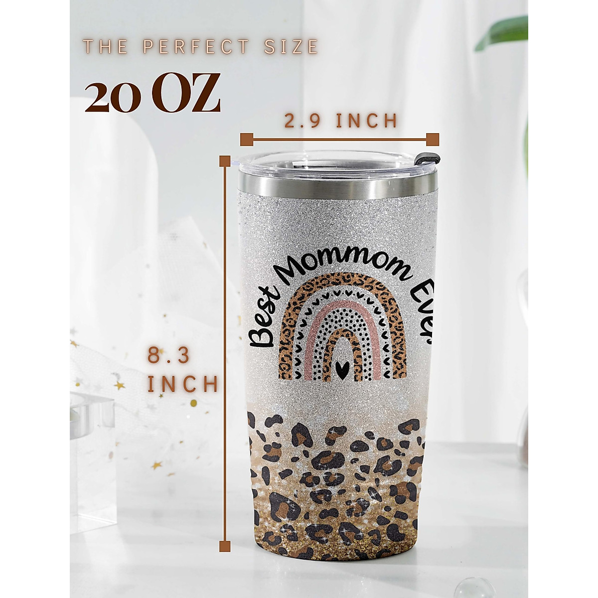 Onebttl Mommom Gifts from Granddaughter, Grandson, Insulated Stainless Steel Wine Tumbler with Lid and Straw, for Grandma on Mother's Day, Birthday, Christmas, Best Mommom Ever, Glitter Silver, 20 oz