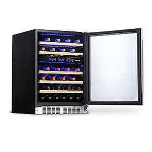 NewAir 24” 46 Wine Bottle Cooler | Dual Zone Cooling 40-66 Degrees Wine Fridge | Stainless Steel With Quiet Compressor And Removable Beech Wood Shelves NWC046SS01