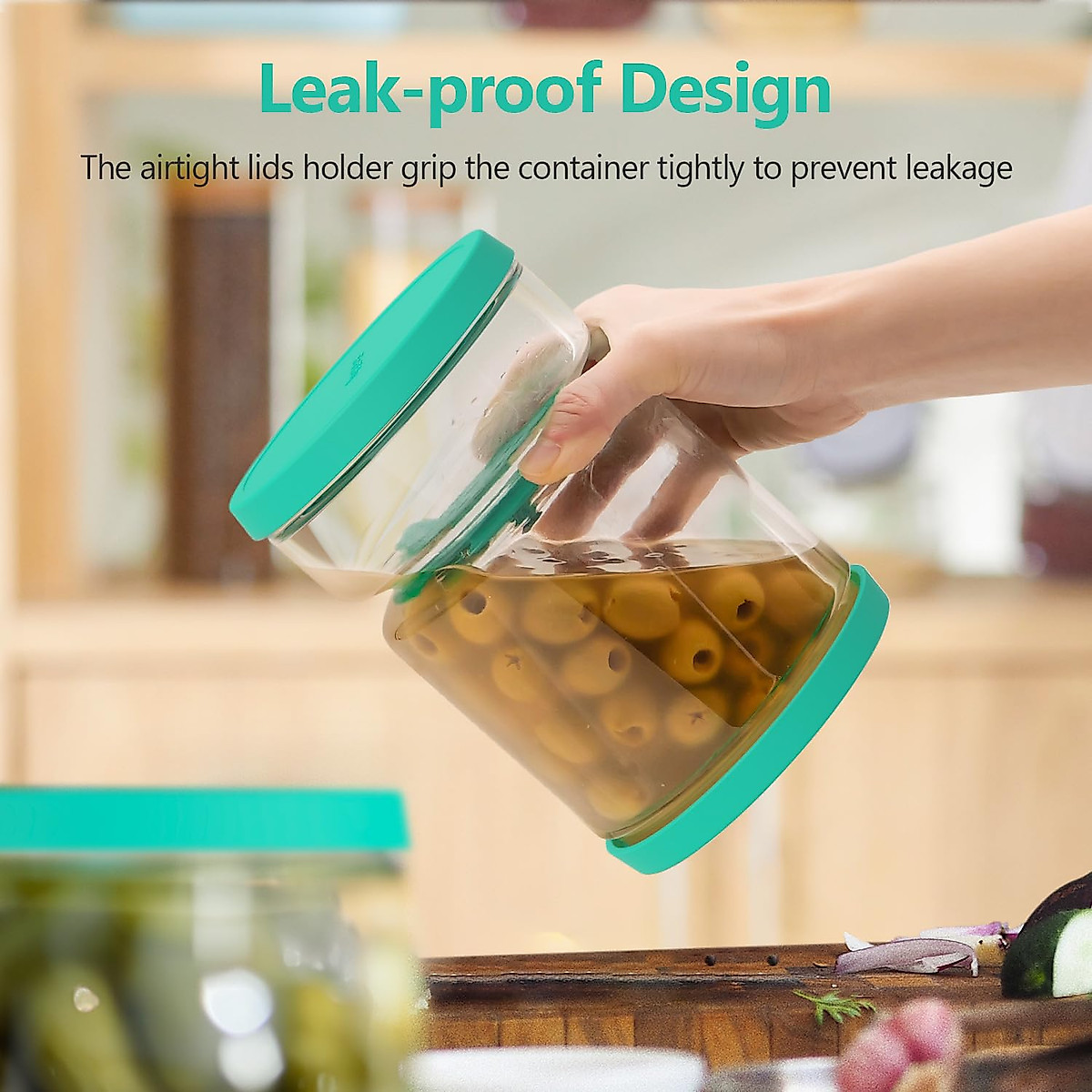 ForTidy Glass Pickle Jar with Strainer Flip - Airtight Olive Container with Silicone Lids, 50.72oz Kitchen Organization Must-Have Versatile Hourglass Jar, BPA-Free, Dishwasher Safe (Green)