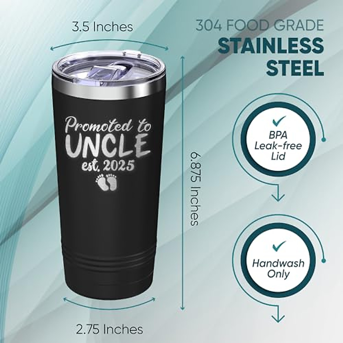 shop4ever Promoted to Uncle Est. 2025 Tumbler Insulated Tumbler 20 oz. with Lid, Stainless Steel Cups Travel Coffee Mug New Uncle Baby Announcement Gift (Black)