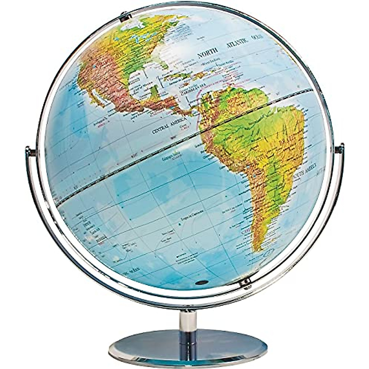 12" World Globe with Blue Oceans, Raised Relief, Silver, Semi-Meridian