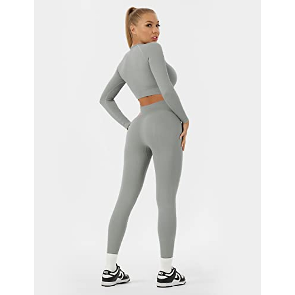 Buttergene Women Workout Sets 2 Pieces Long Sleeve Yoga Outfits Gym Clothes Seamless Ribbed Crop Top High Waist Leggings