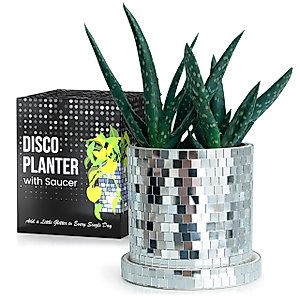 SCANDINORDICA Disco Ball Planter Pot - 4.3 inch Disco Ball Vase, Disco Planter, Ceramic Planter Pots Indoor with Drainage Hole and Saucer, Cute Eclectic Decor, Preppy Room Decor | 0.3" Mirror Tiles