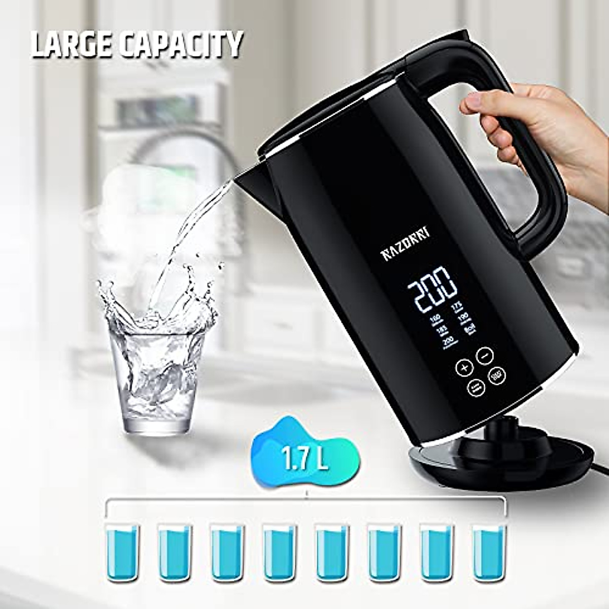 Razorri Electric Kettle 1-Click Control LED Digital Display, 1.7 Liter BPA-Free, Stainless Steel Double Insulated Wall, Boil Dry Protection, Keeps Warm for Tea Coffee, Cool to Touch, Cordless, Black