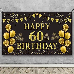 Trgowaul 60th Birthday Backdrop Gold and Black 5.9 X 3.6 Fts Happy Birthday Party Decorations Banner for Women Men Photography Supplies Background Happy Birthday Decoration