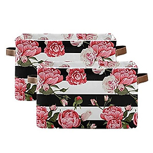 Oyihfvs Floral Peony and Roses Flowers On Black White Stripes Square Shelves Storage Basket Bin, Waterproof Laundry Hamper Bucket, Baby Nursery Organizer with Handles for Toys Clothes Room Closets