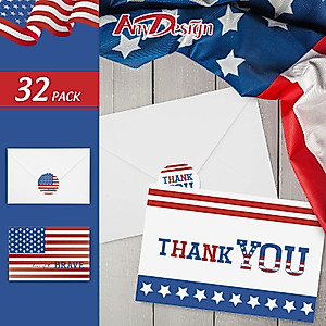 AnyDesign 32 Pack Patriotic Thank You Cards American Flag Stars Stripes Thank You Note Cards with Envelopes Stickers 4th of July Blank Greeting Cards for Independence Day Memorial Day Supplies