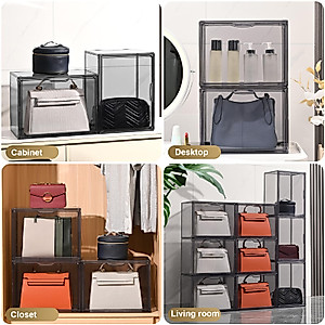ULENDIS 4 Pack Handbag Storage Organizer for Closet, Transparent Gray Acrylic Display Case for Handbag Purse, Stackable Storage Organizer with Magnetic Door for Wallet Book Cosmetic Toys Display
